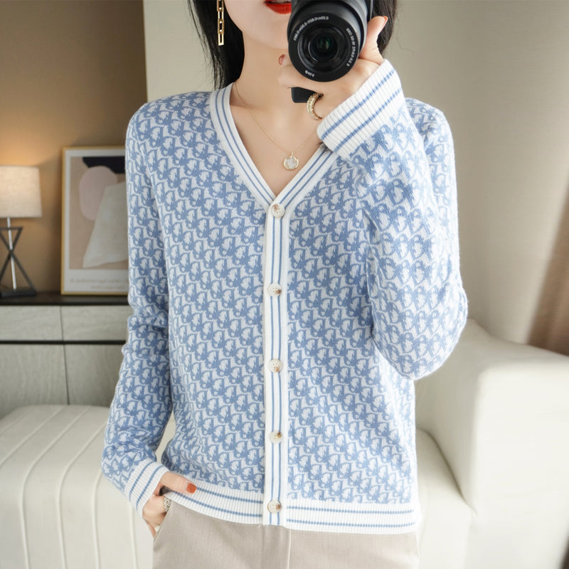 Women's Blue Cardigan with Plaid Pattern